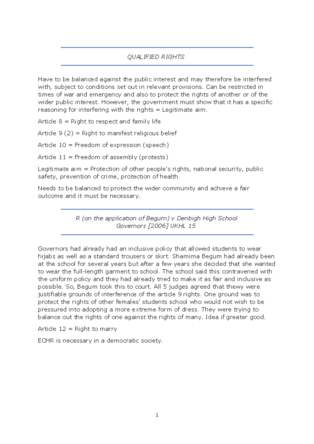 Qualified Rights - Module = Public Law - QUALIFIED RIGHTS Have to be ...