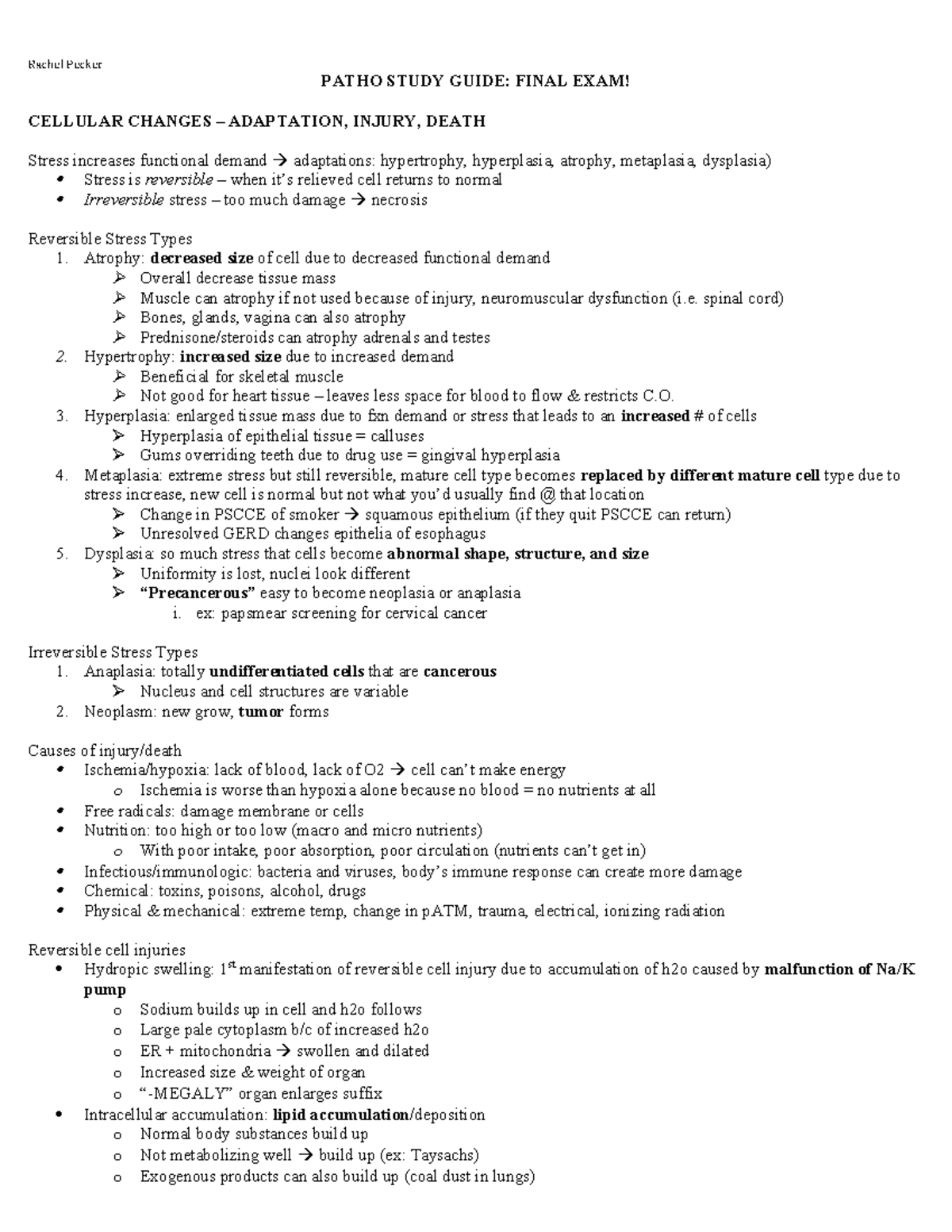 Patho Study Guide - Final - PATHO STUDY GUIDE: FINAL EXAM! CELLULAR CHANGES – ADAPTATION, INJURY ...