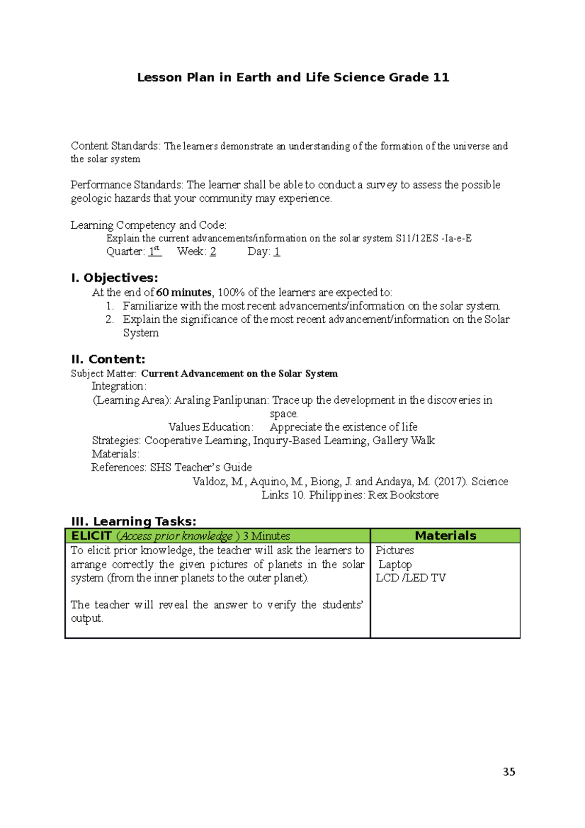LC 5 - ... - Lesson Plan in Earth and Life Science Grade 11 Peace Joy T ...