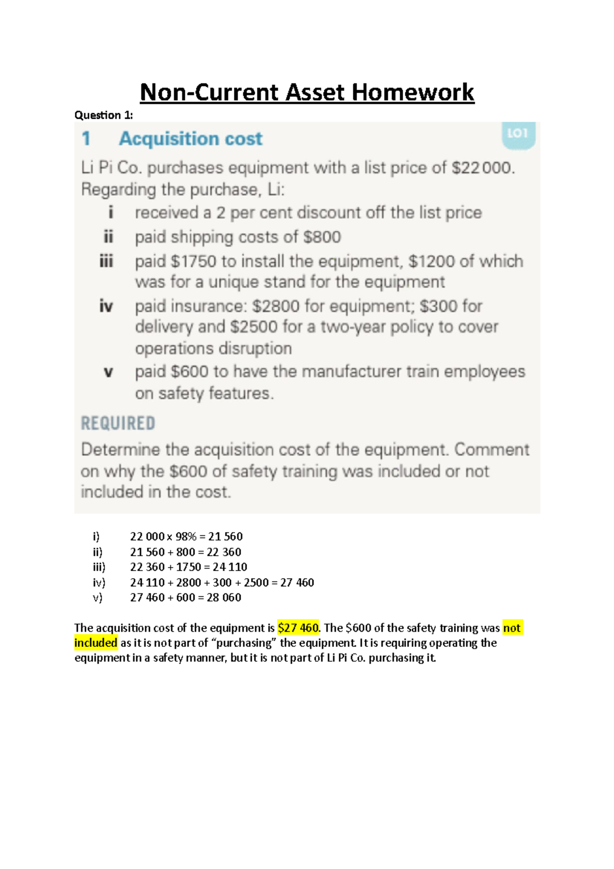 Week 1 - Non-Current Asset - Non-Current Asset Homework Question 1: i ...