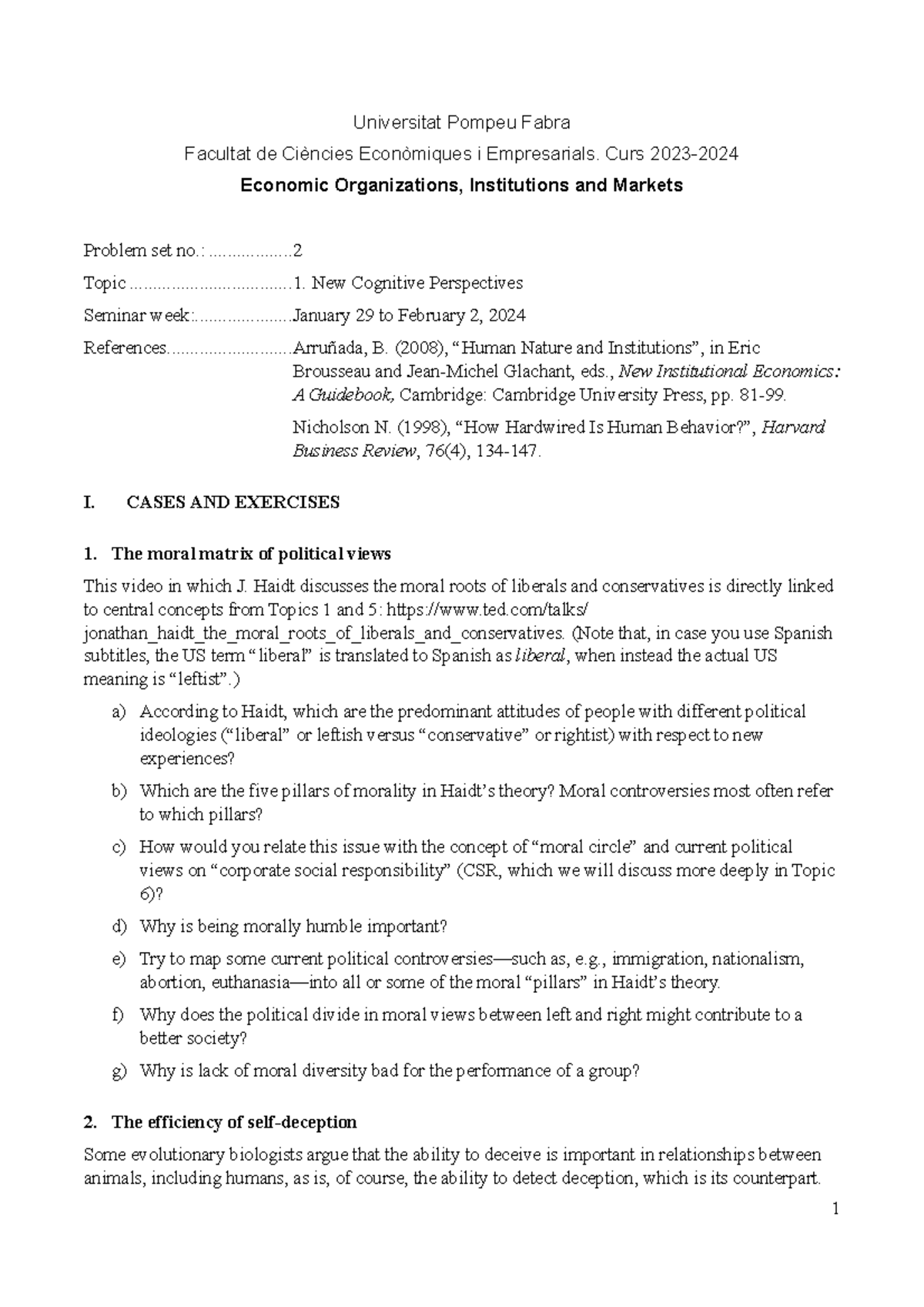 Problem Set 2 EOIM seminar - Universitat Pompeu Fabra Facultat de Ciències Econòmiques i - Studocu