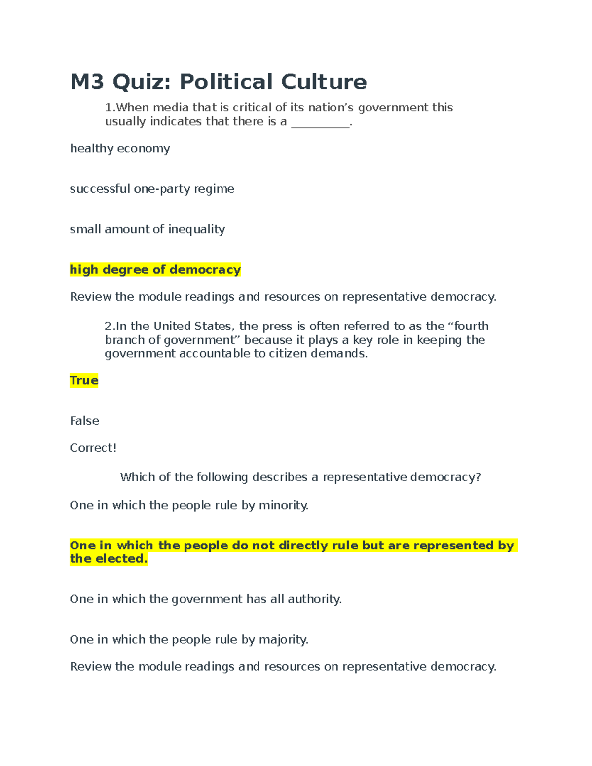 M3 Quiz- Political Culture - 1 media that is critical of its nation’s ...