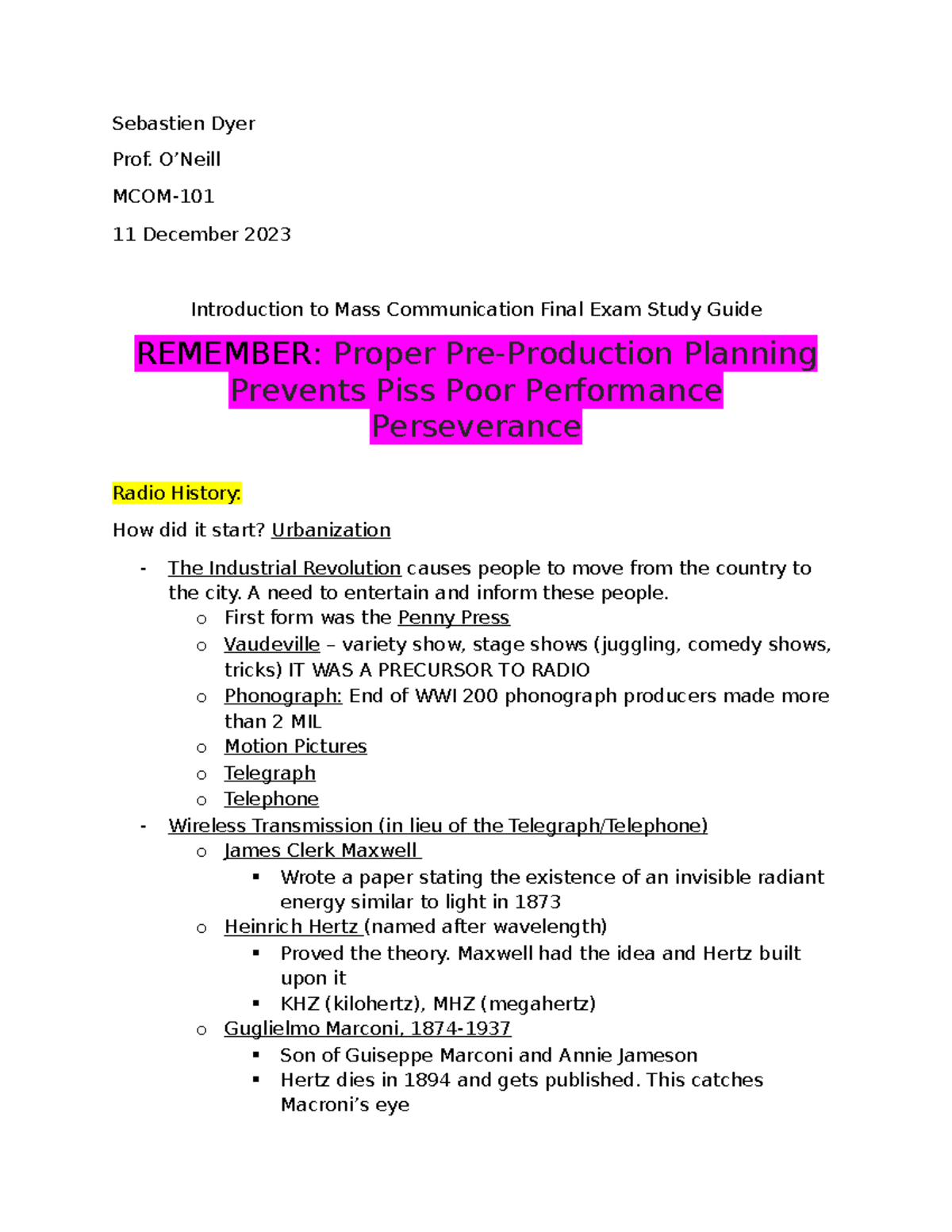 MCOM Study Guide - Sebastien Dyer Prof. O’Neill MCOM- 11 December 2023 ...