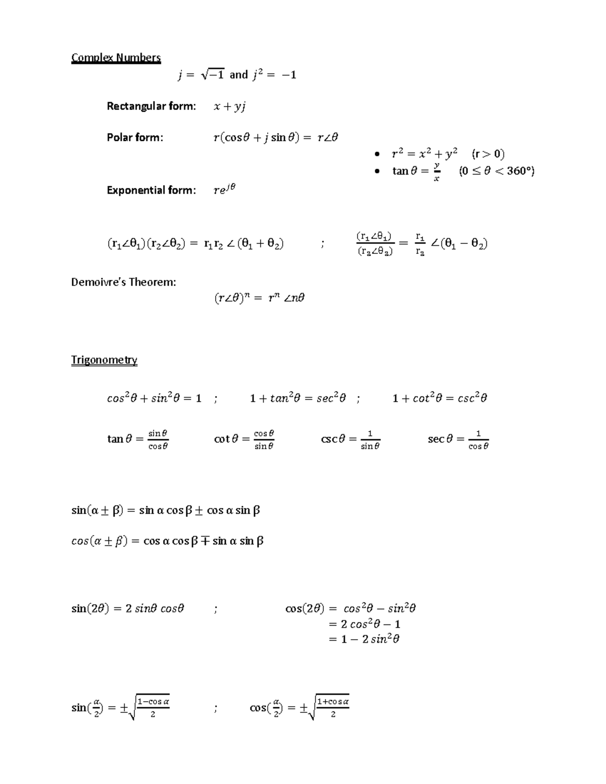 Test 1 Formula Sheet - Complex Numbers 𝑗 = √−1 and 𝑗 2 = −1 Rectangular ...
