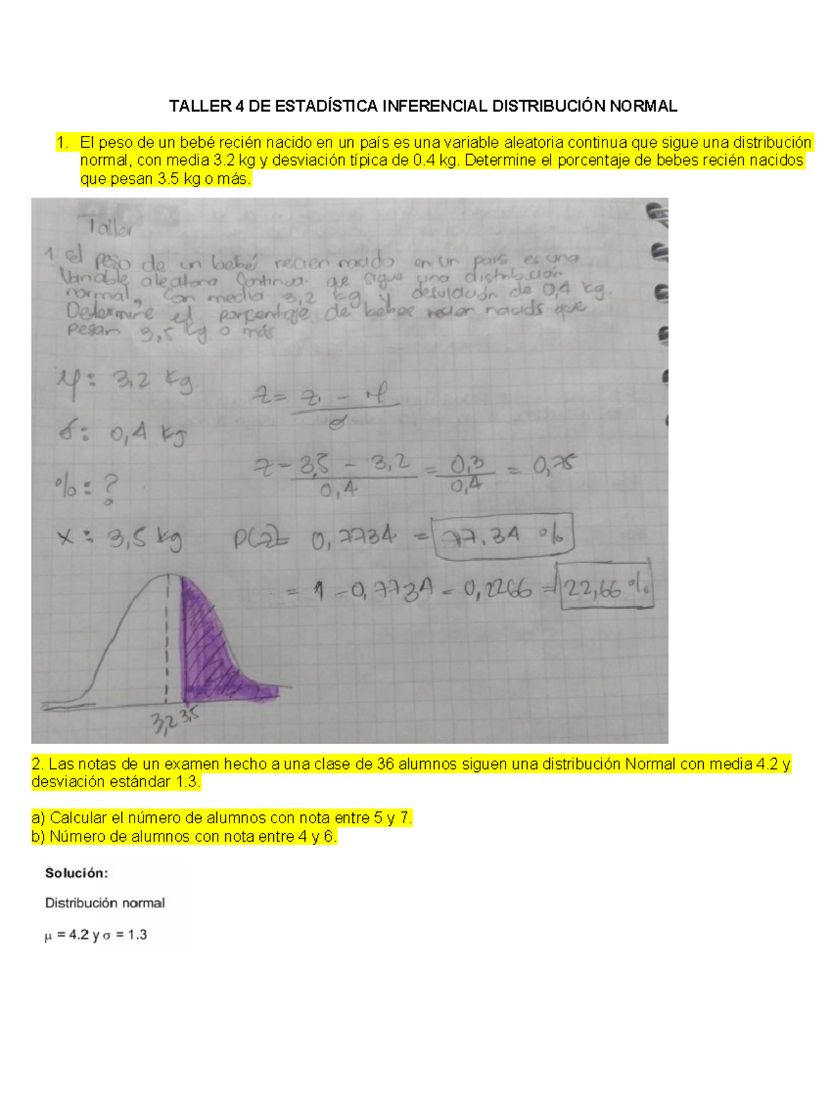 Taller 4 Distribución Normal resuelto - TALLER 4 DE ESTADÍSTICA INFERENCIAL DISTRIBUCIÓN NORMAL ...