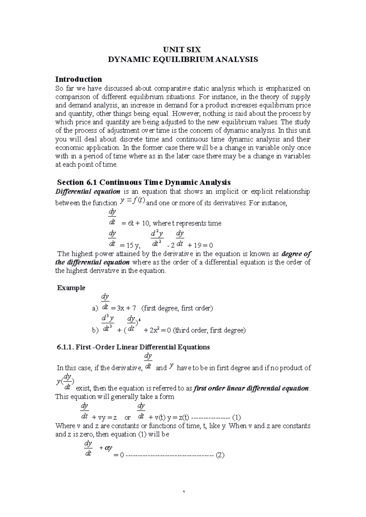 Mathematical Dynamics Economics UNIT 6 - UNIT SIX DYNAMIC EQUILIBRIUM ...