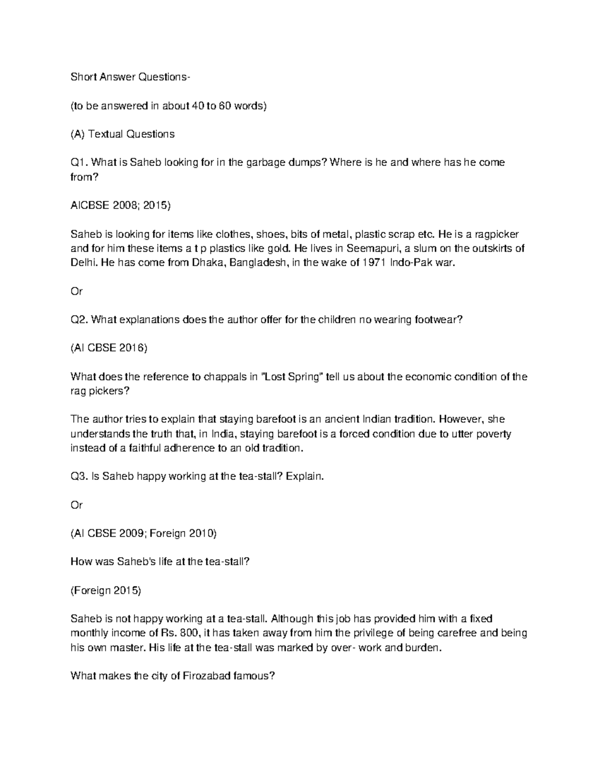 Lost Spring - XII- notes - Short Answer Questions- (to be answered in ...