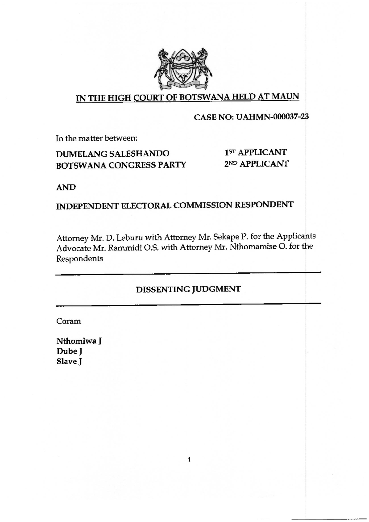 BCP v IEC Minority Judgement 1730307987 - IN THE HIGH COURT OF BOTSWANA ...