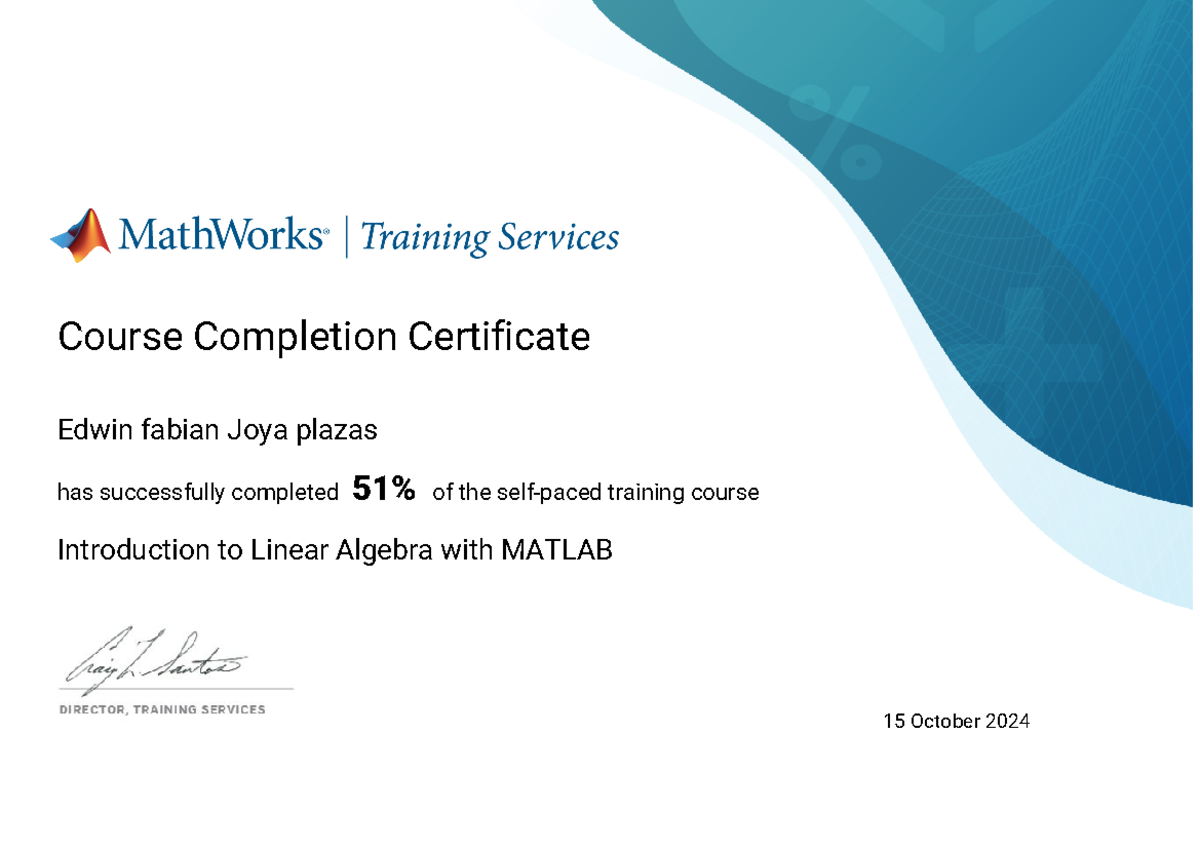 Certificate Matlab - NI NBHVHVHVHVV - Educación - Course Completion Certificate Edwin fabian ...
