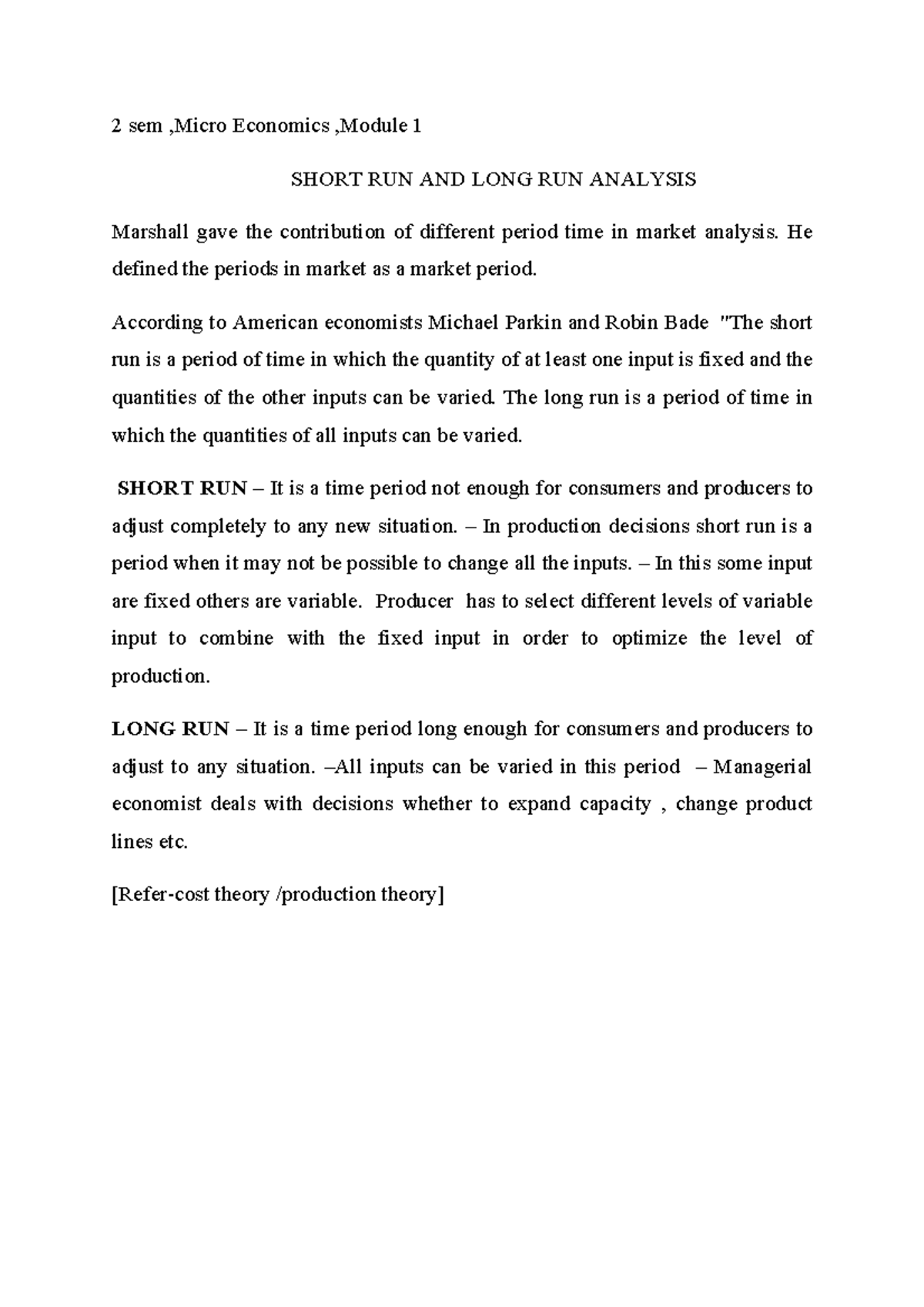 Short RUN AND LONG RUN Analysis - 2 sem ,Micro Economics ,Module 1 ...