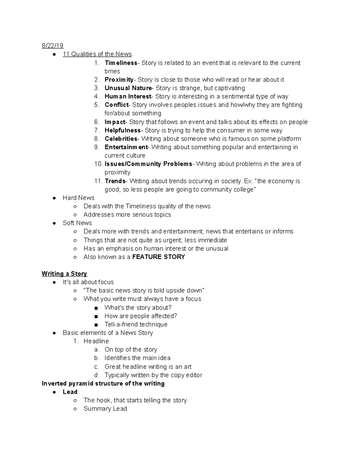 Journalism Writing Notes - 8/22/ 11 Qualities of the News 1. Timeliness ...
