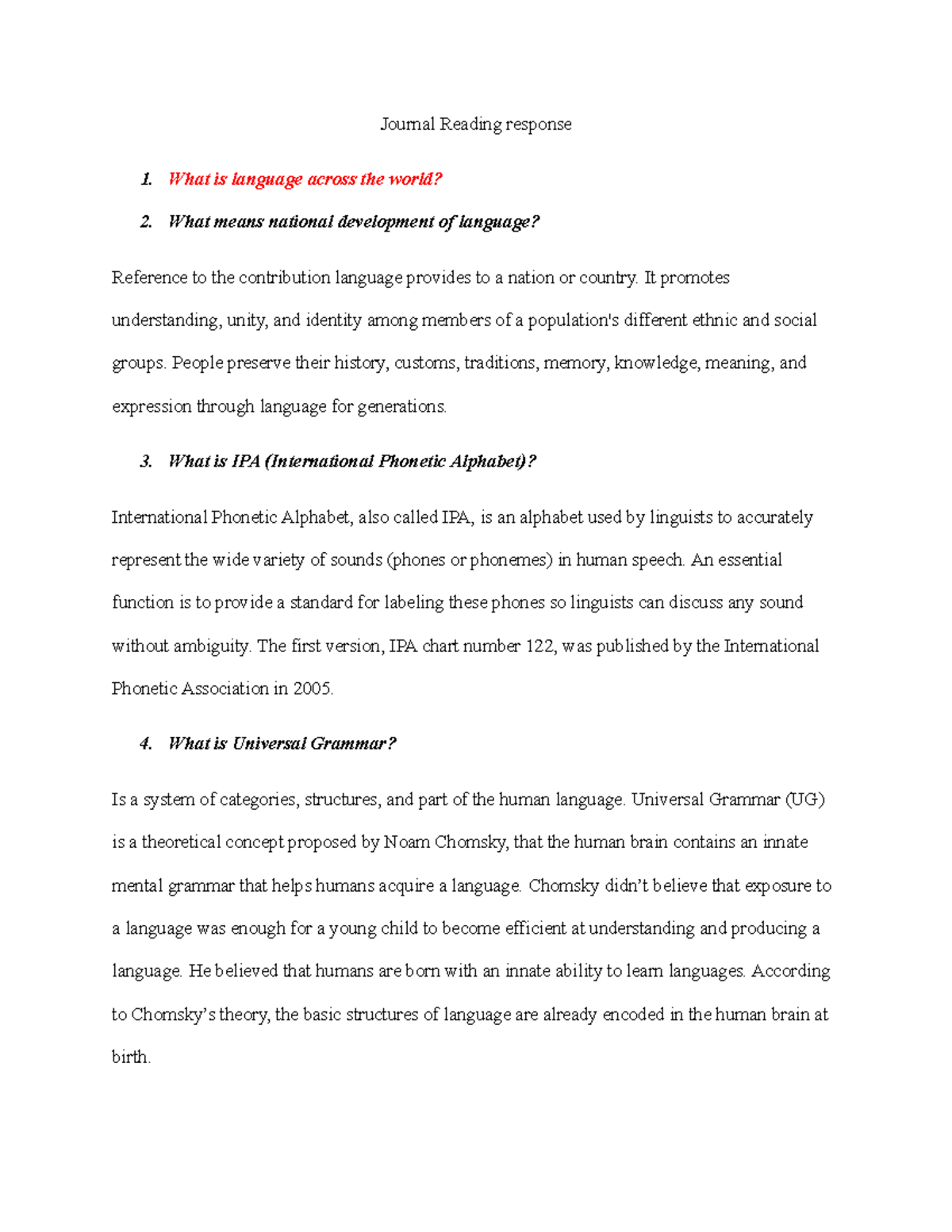 Assignment 2. Reading response - Journal Reading response What is ...