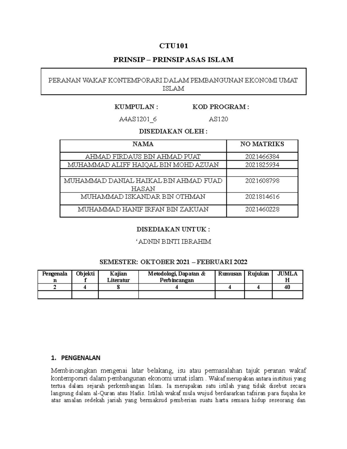 Assignment CTU101 AS1201 group 6:Kepentingan wakaf - Prinsip Asas Islam ...