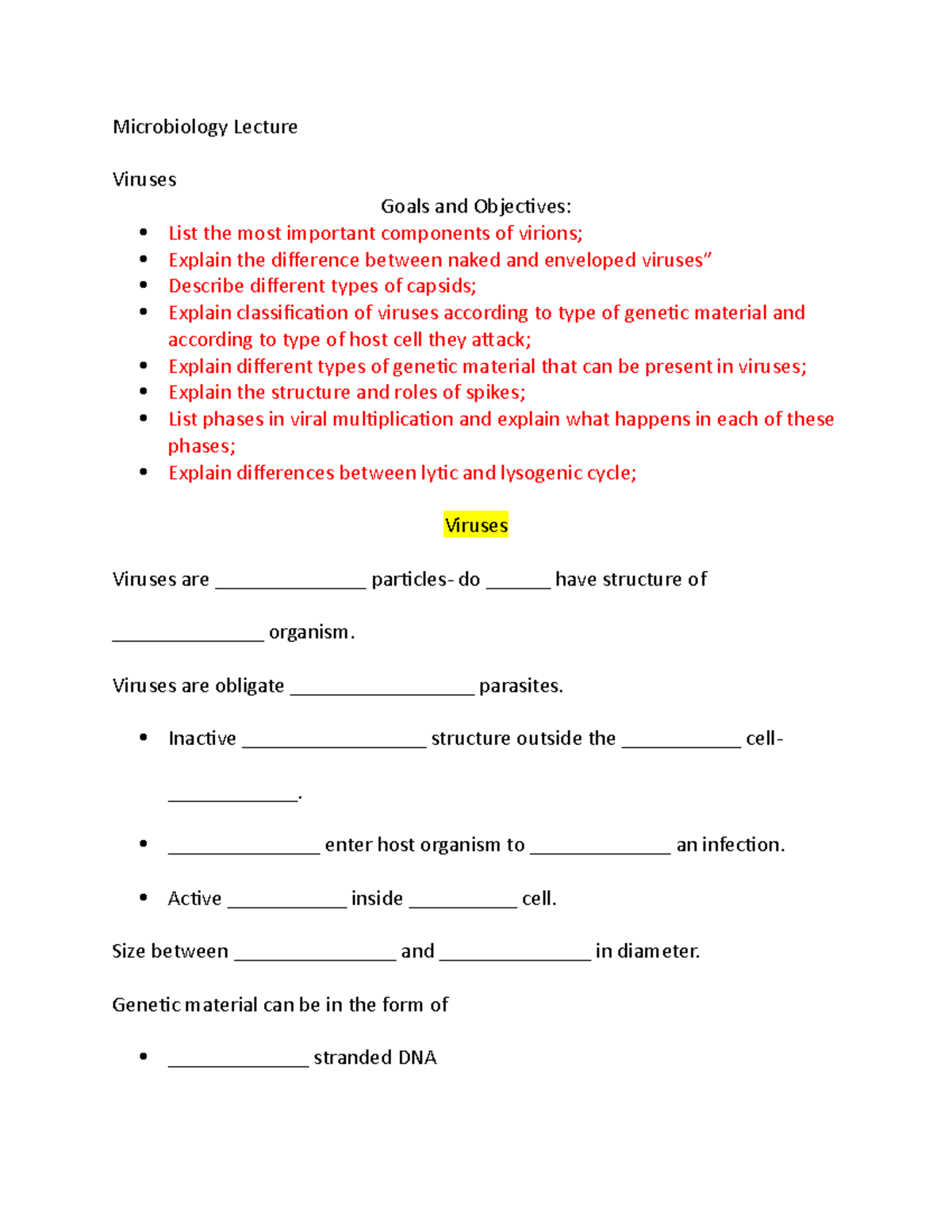 Microbiology Lecture Viruses Outline - Microbiology Lecture Viruses ...