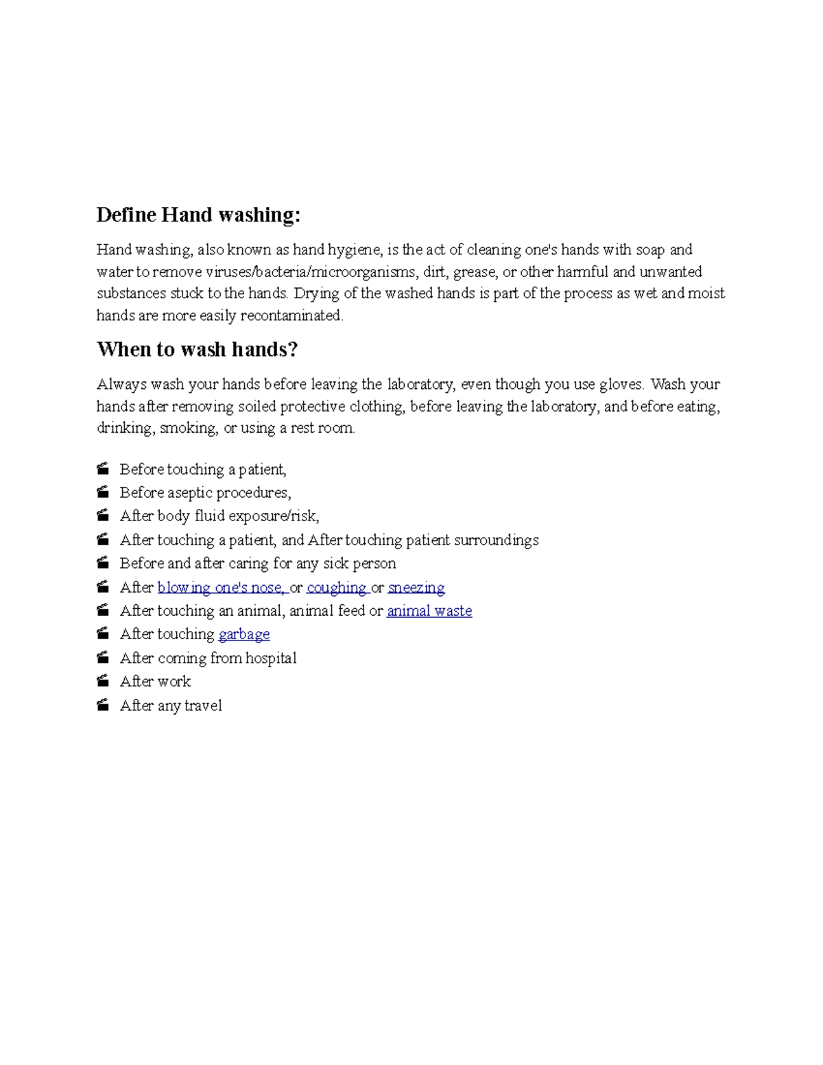 Assignment labiosafety - Define Hand washing: Hand washing, also known ...