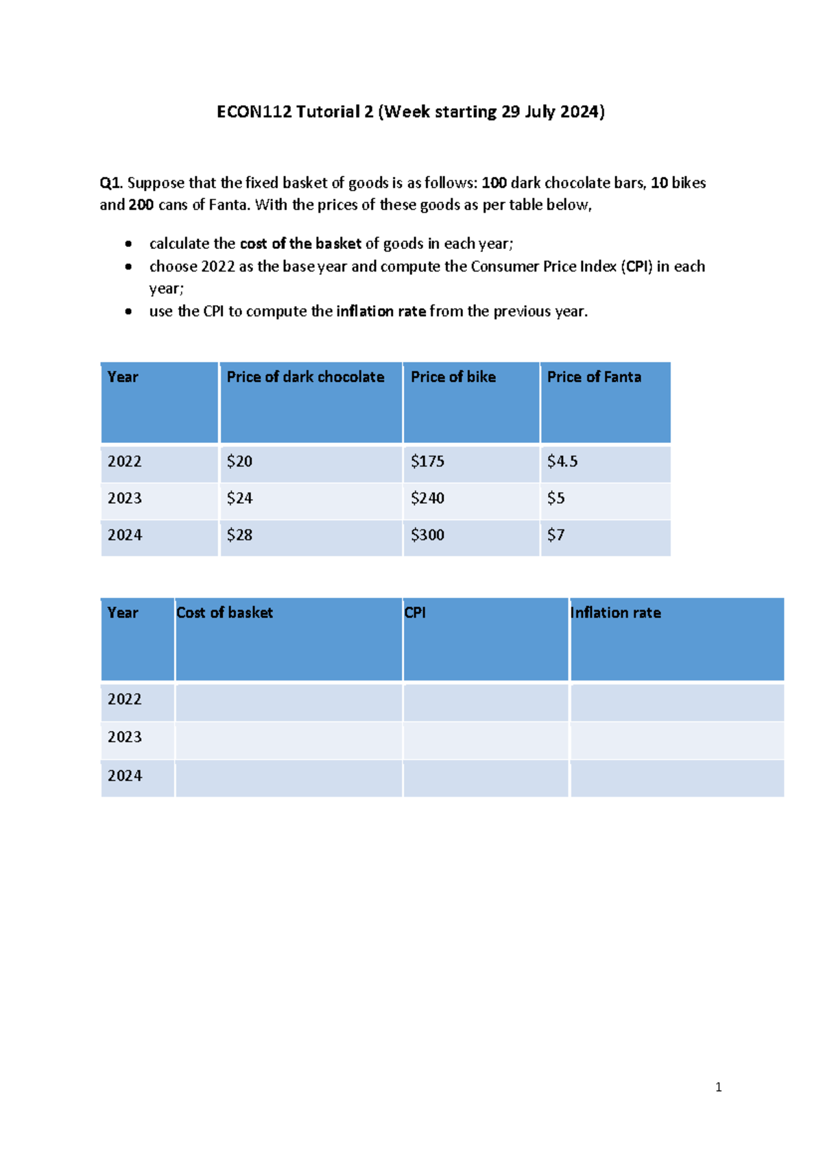 ECON112 Tutorial 2 2024 - 1 ECON112 Tutorial 2 (Week starting 2 9 July 2024) Q1. Suppose that ...