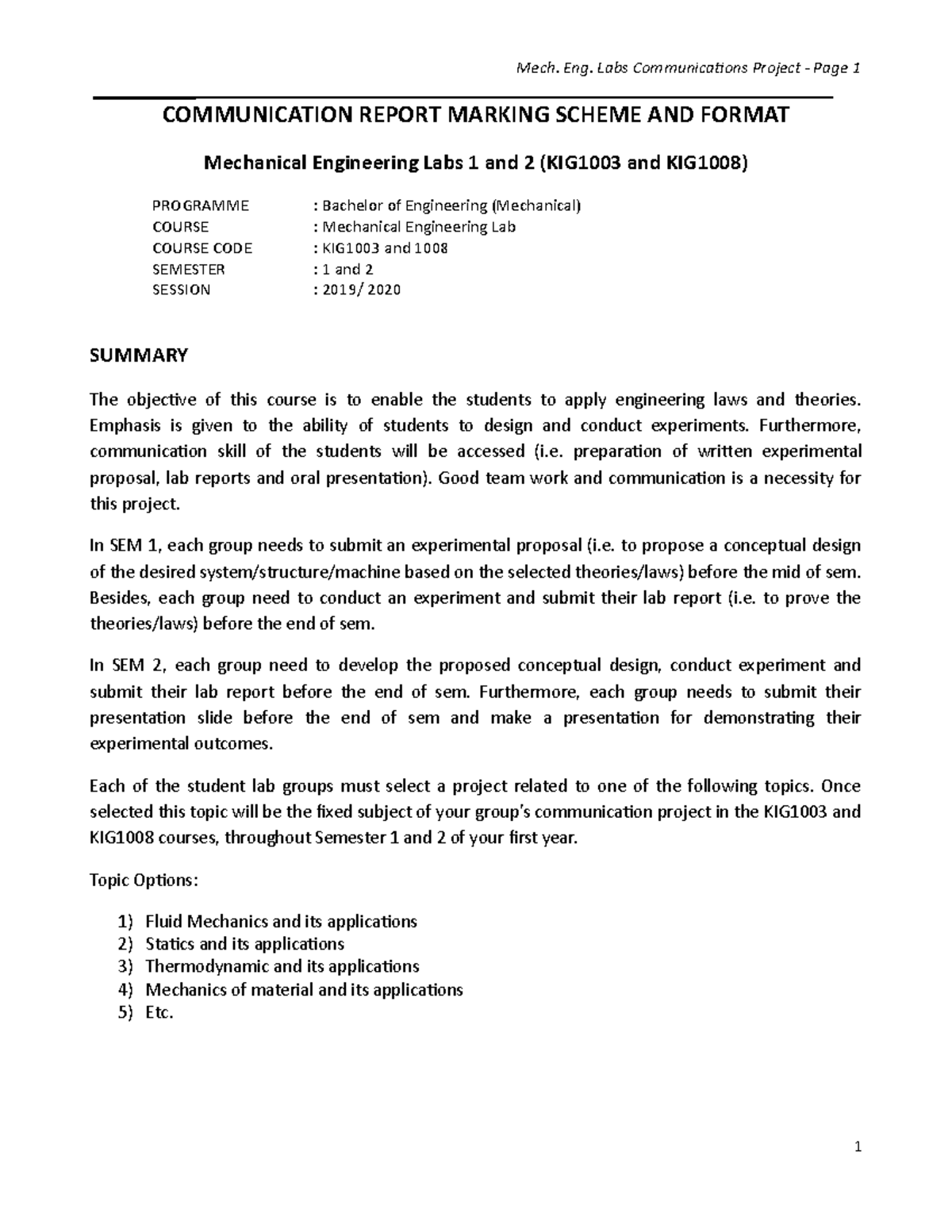 Communications Project Guideline - COMMUNICATION REPORT MARKING SCHEME ...