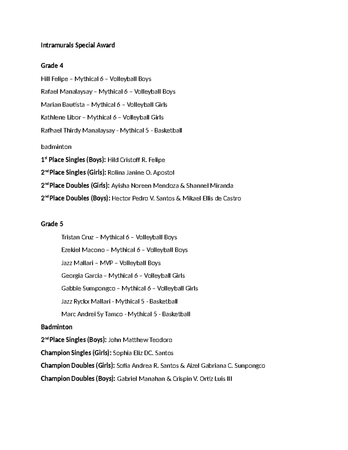 Intramurals-Special-Award - Intramurals Special Award Grade 4 Hill ...