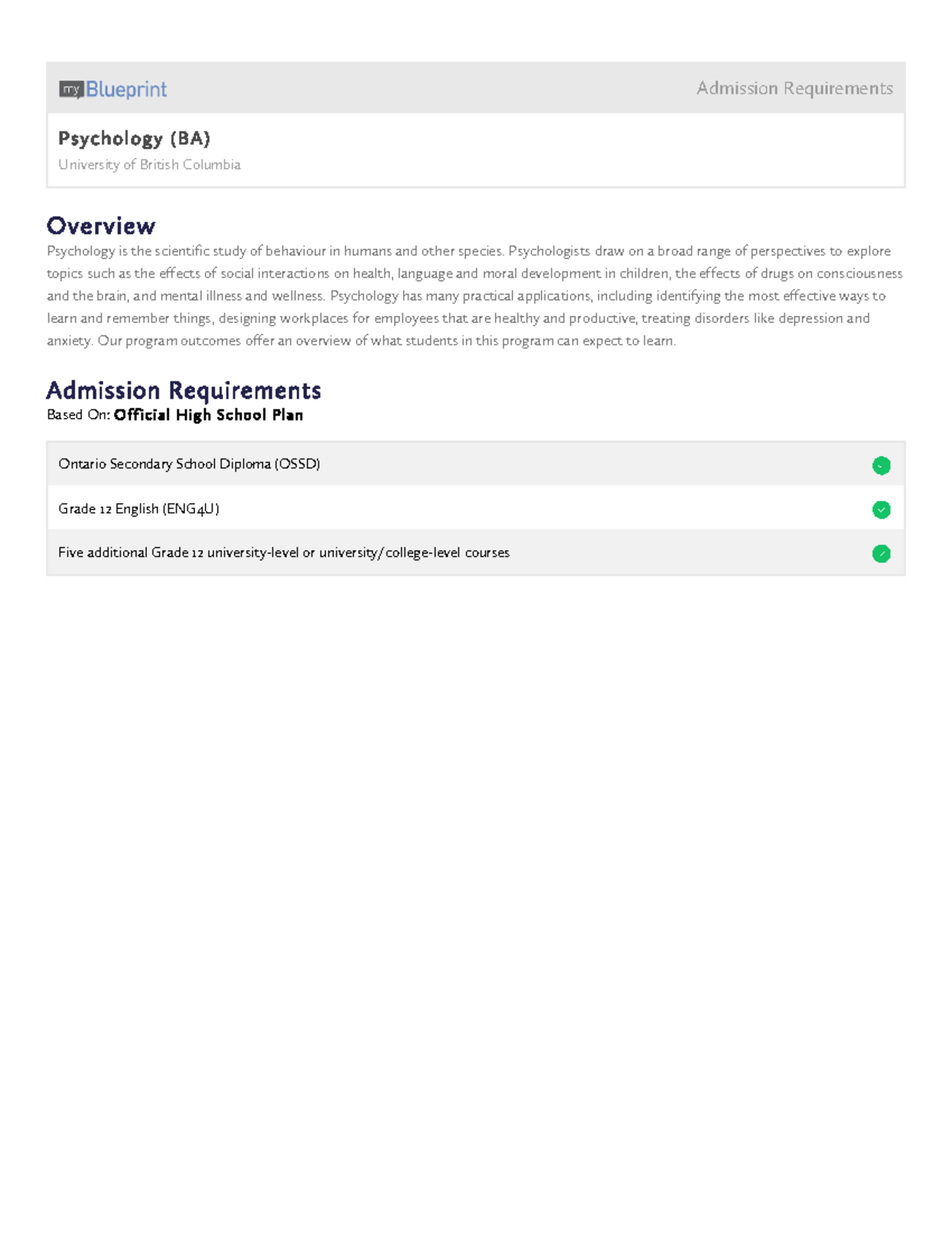 Psychology (BA) University of British Columbia - Admission Requirements ...