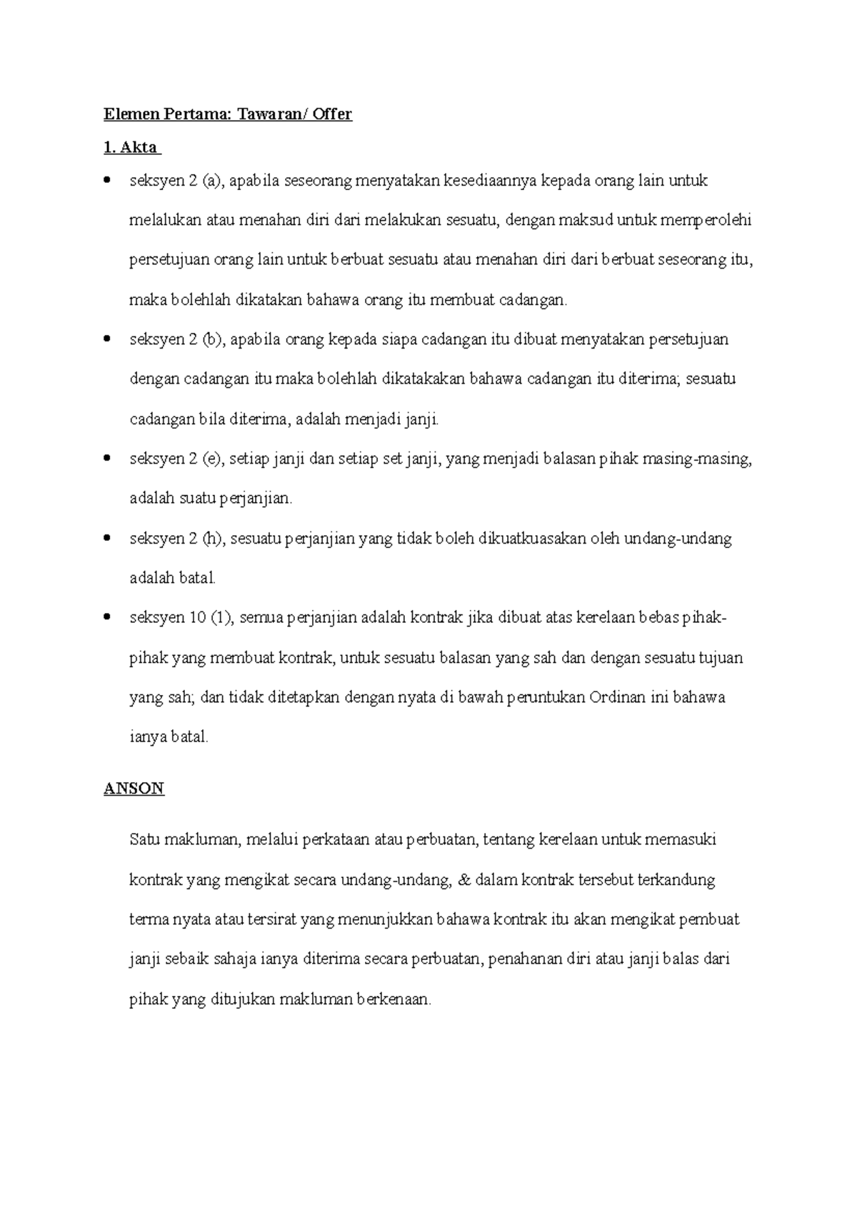 Tawaran - OFFER - **Elemen Pertama: Tawaran/ Offer Akta** seksyen 2 (a ...