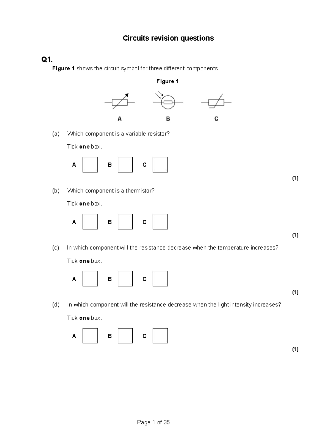 UNIT 3H Electric circuits Worksheet - Circuits revision questions Q1 ...