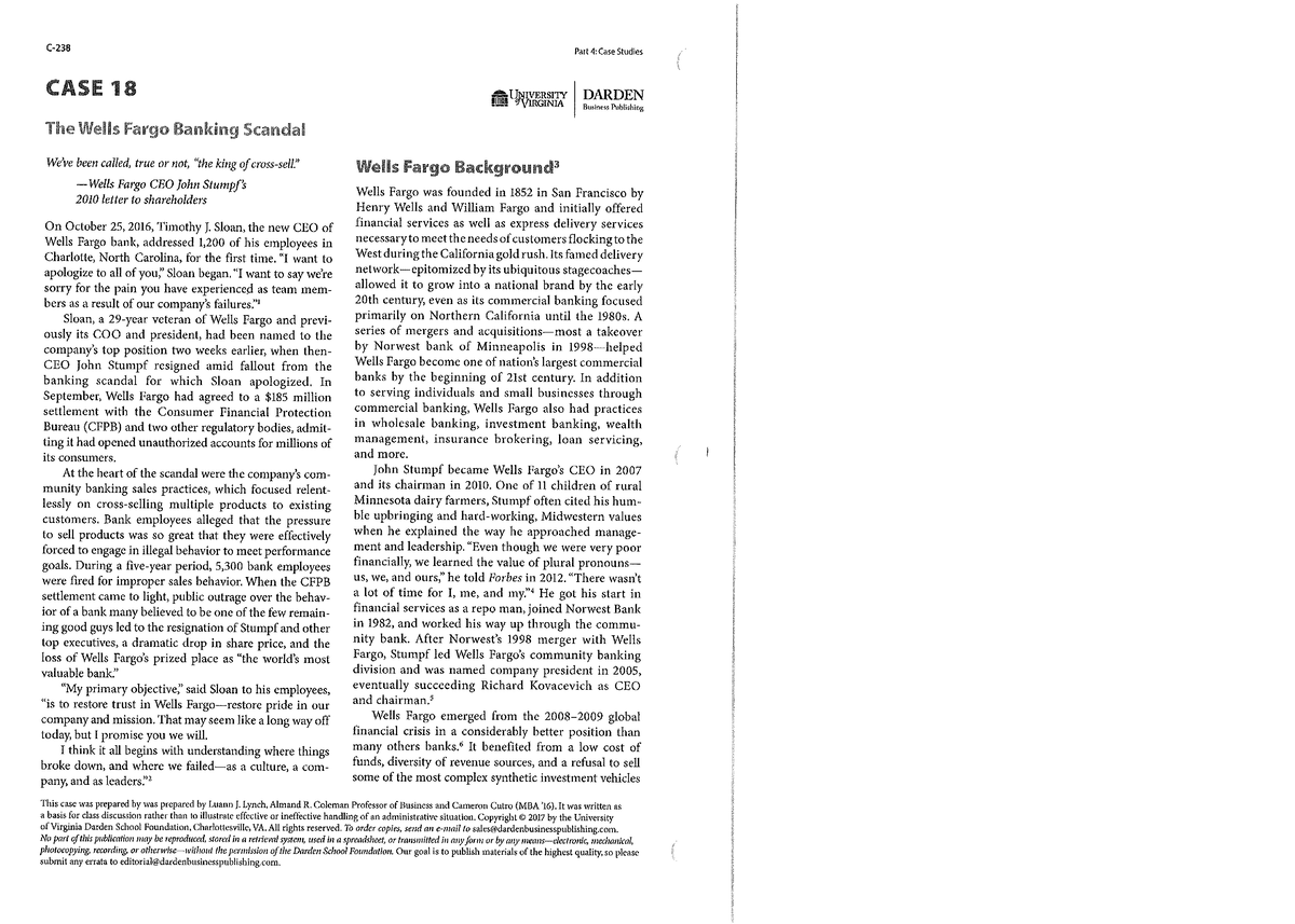 Case 18 Wells Fargo CG case - BUS 4385 - Studocu