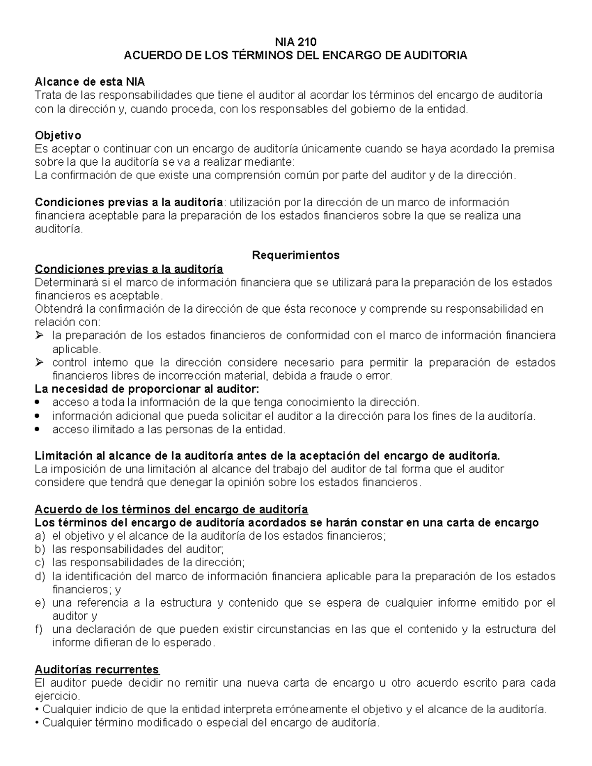 NIA 210 - Resumen de la NIA 210 - NIA 210 ACUERDO DE LOS TÉRMINOS DEL ...
