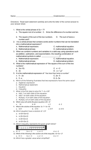 Grade 7 4th quarter exam - Name: Grade/section: Directions: Read each ...