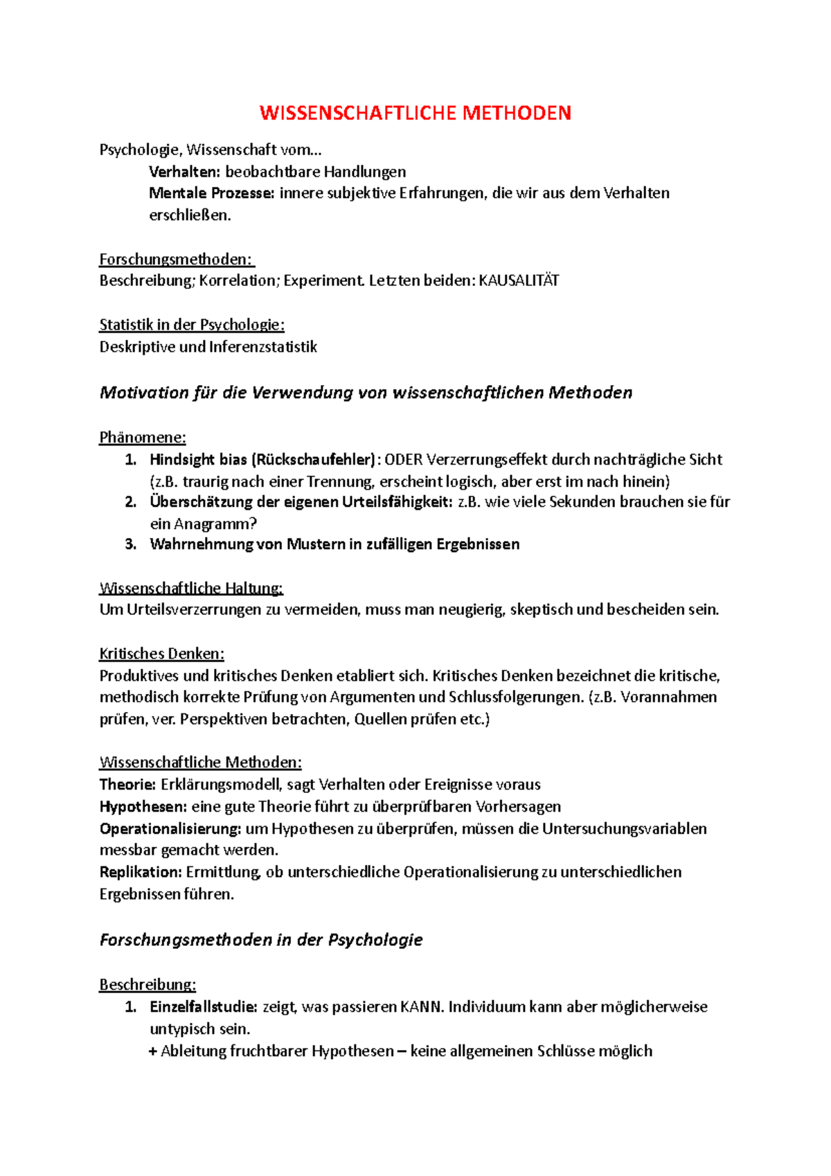 Zusammenfassung Einführung psychologie - WISSENSCHAFTLICHE METHODEN ...