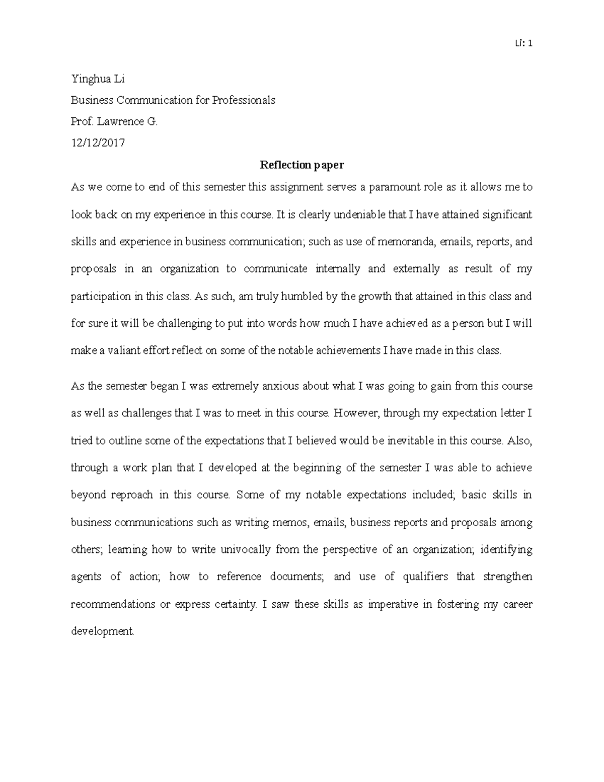 Reflection paper - to help other students learn - Li: 1 Yinghua Li ...