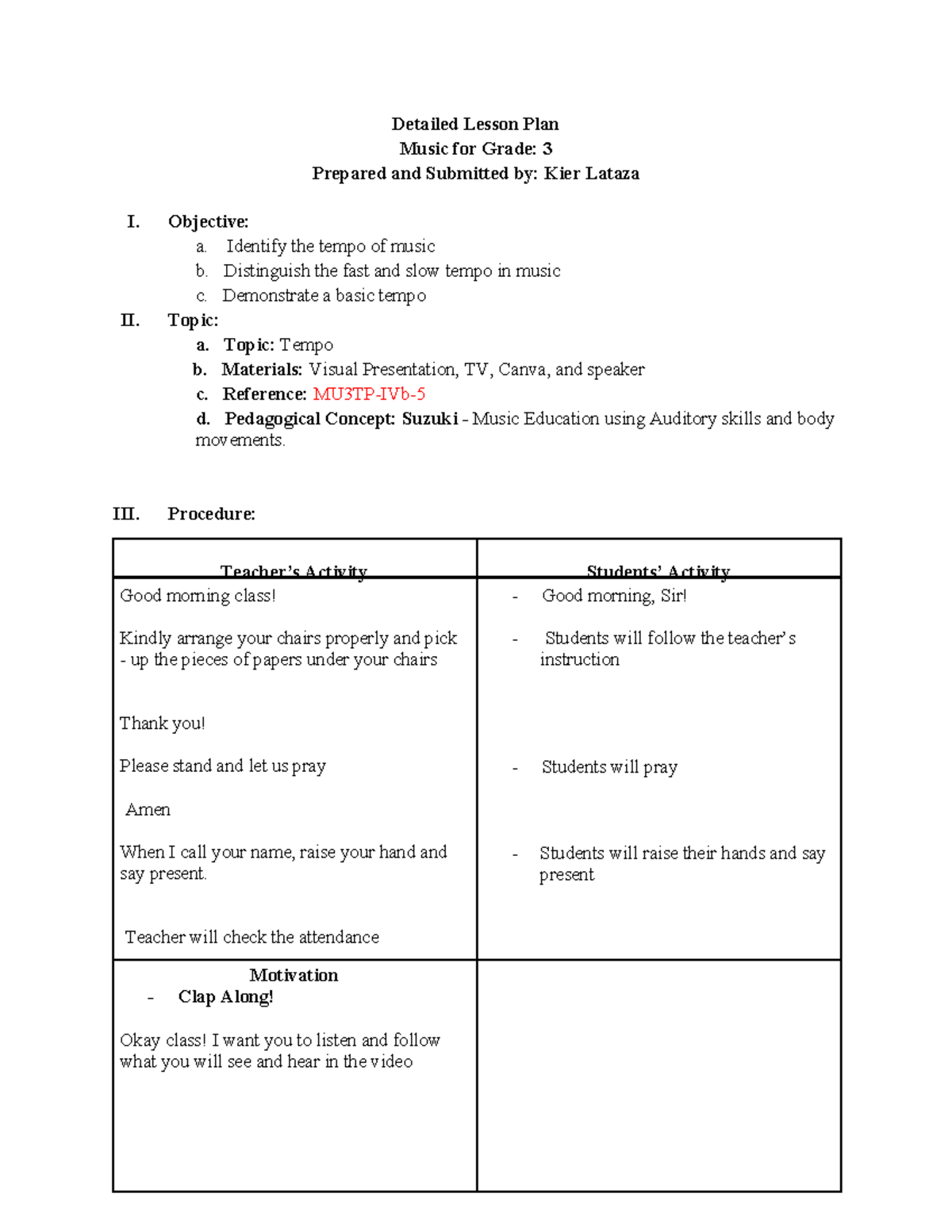 Tempo-DLP - N/A - Detailed Lesson Plan Music for Grade: 3 Prepared and ...