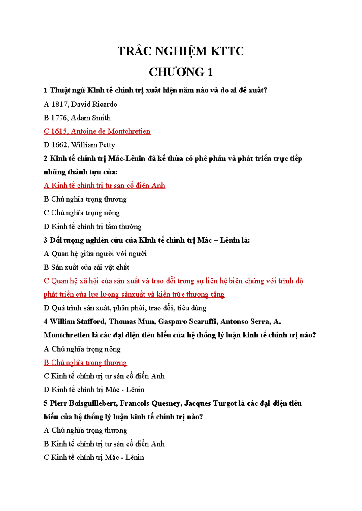 TỔNG ÔN KTCT P1 - ktct - TRẮC NGHIỆM KTTC CHƯƠNG 1 1 Thuật ngữ Kinh tế ...