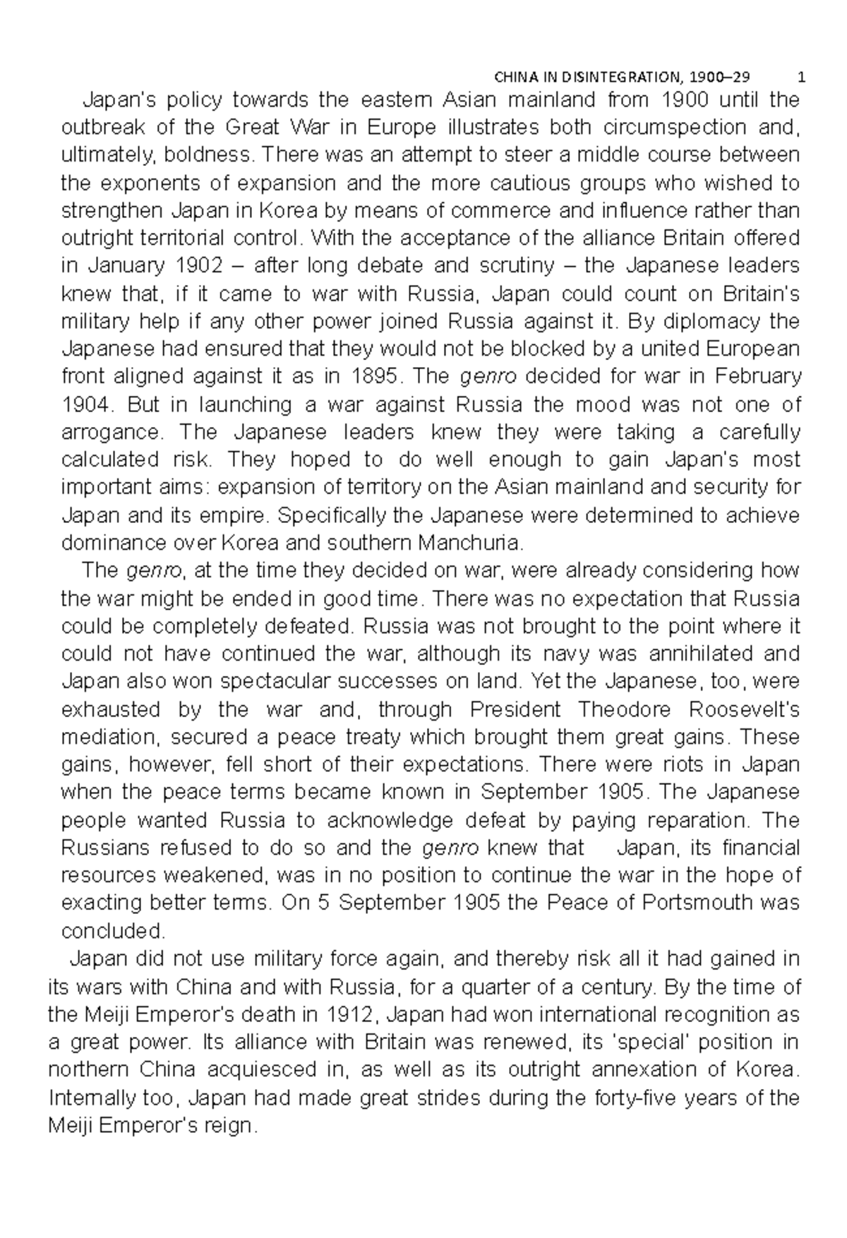 The Emergence of Japan - CHINA IN DISINTEGRATION, 1900–29 1 Japan’s ...