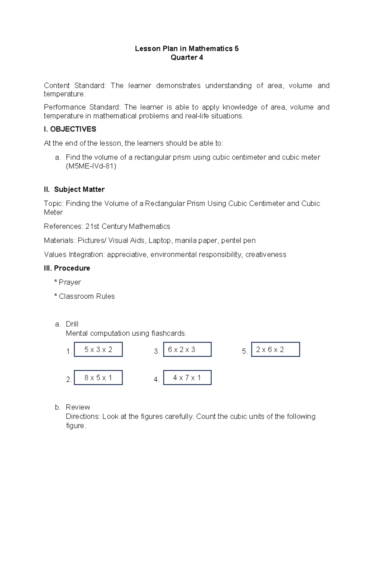 Lesson Plan in Mathematics 5 Volume of Rectangular Prism - Lesson Plan ...