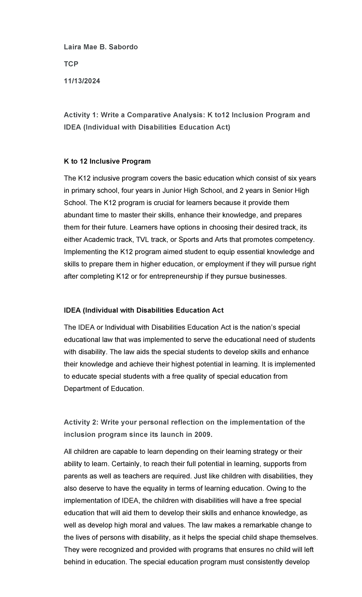 TCP EDUC 103 - None - Laira Mae B. Sabordo TCP 11/13/ Activity 1: Write ...