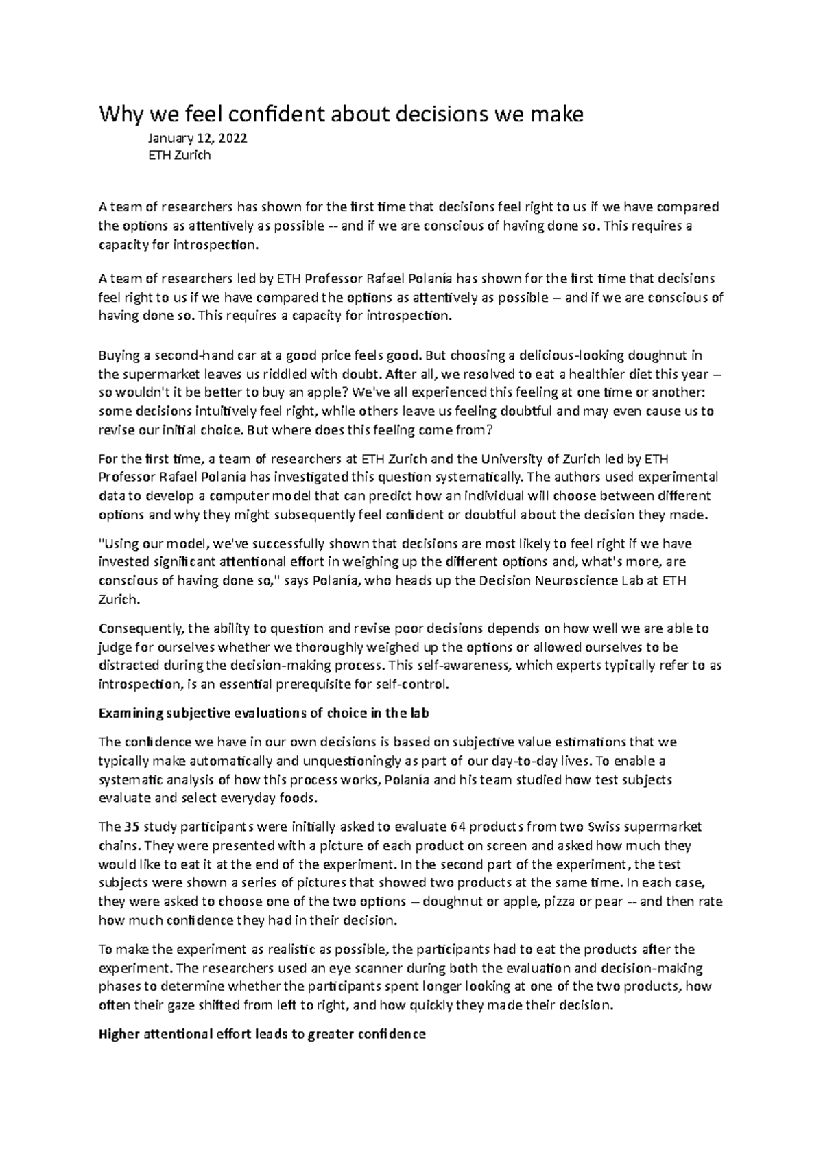 Practice 1 - brg - Why we feel confident about decisions we make ...