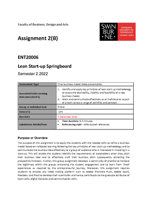 ENT2000 6 - Assignment 2A Sample - HD 2 - Table of Contents Team ...