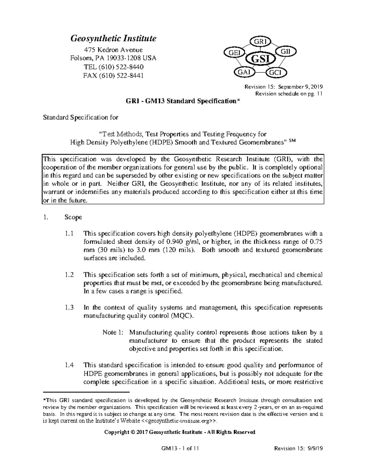 GRI - GM13 Standard Specification - Revision 15: September 9, 2019 ...