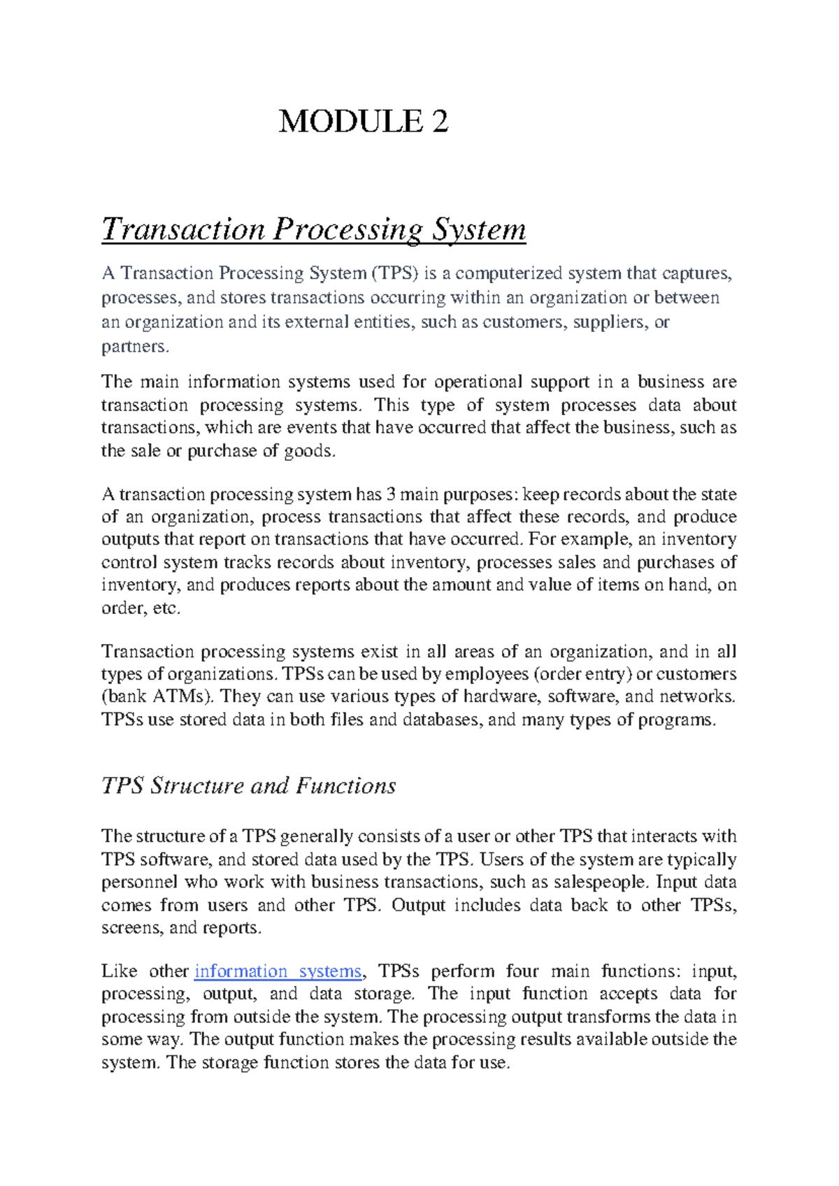 Module 2 MIS - Important notes - MODULE 2 Transaction Processing System ...