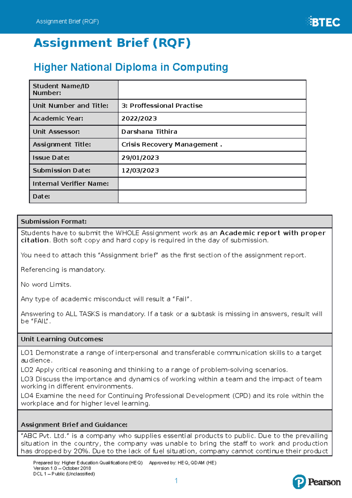Proffessional Practise Assignment - Assignment Brief (RQF) Higher ...
