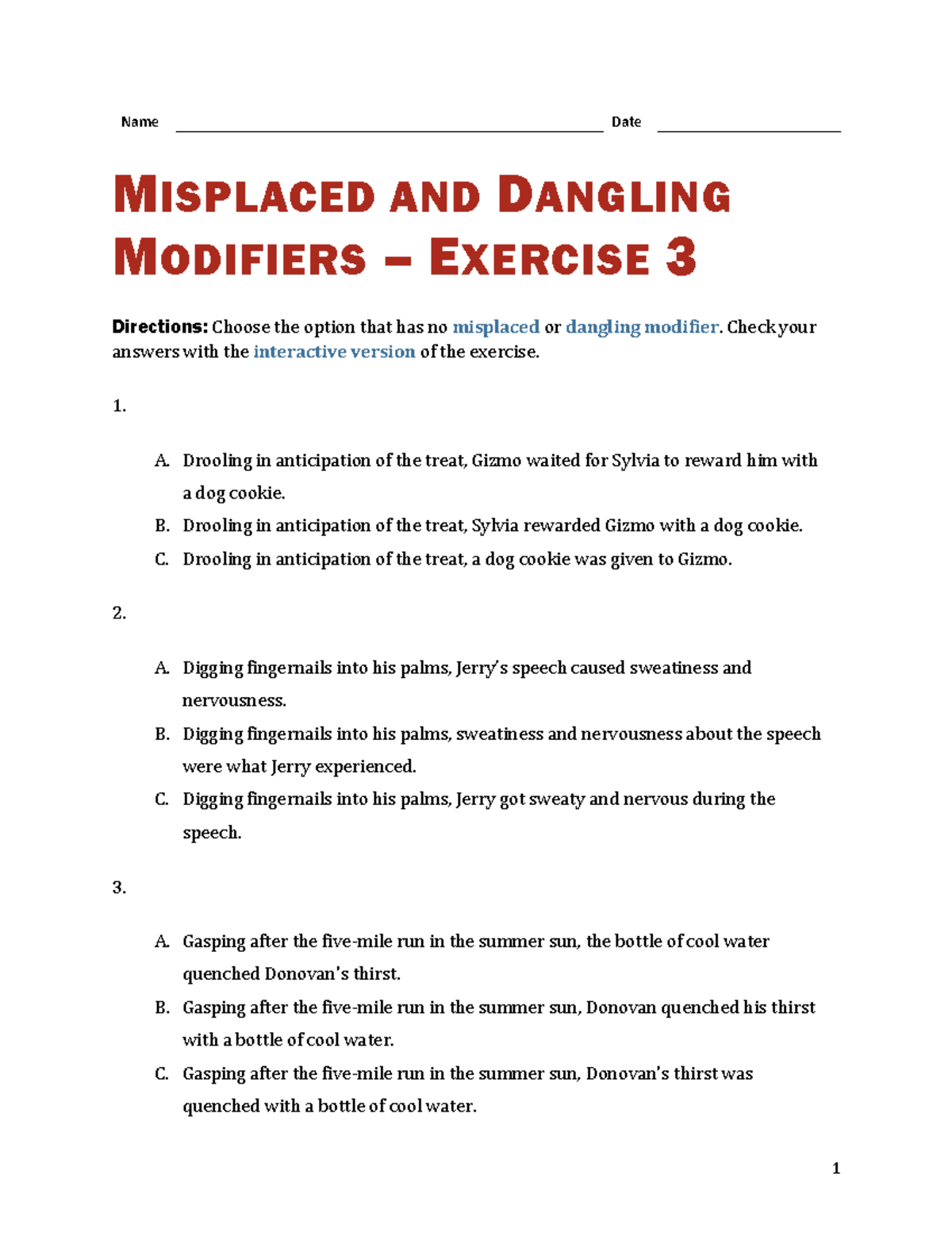 Modifiers 03 - Study material for practice test - Name Date MISPLACED ...
