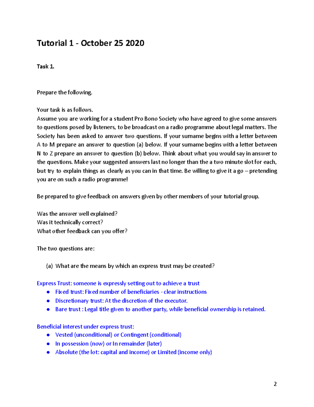 Tutorial 1 - Equity & Trusts - Tutorial 1 - October 25 2020 Task 1 ...