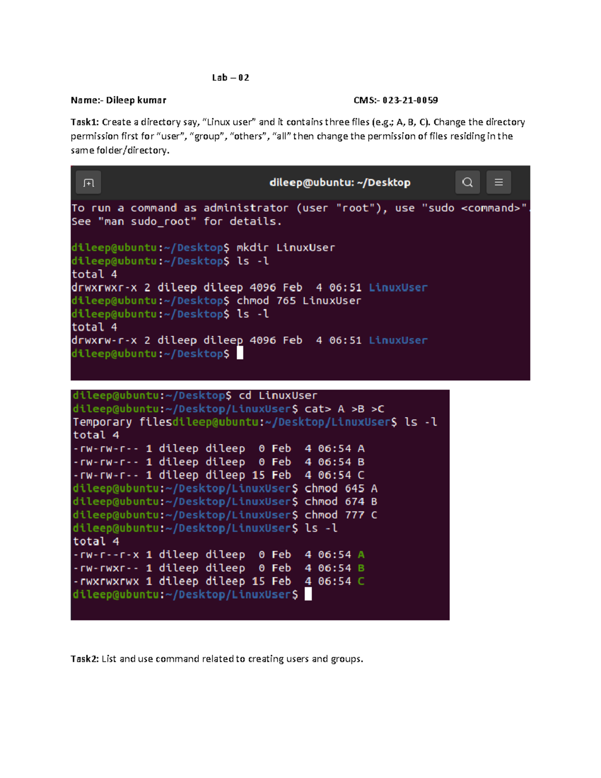 Lab-2 Dileep kumar(023-21-0059) - Lab – 02 Name:- Dileep kumar CMS:- 023-21- Task1: Create a ...