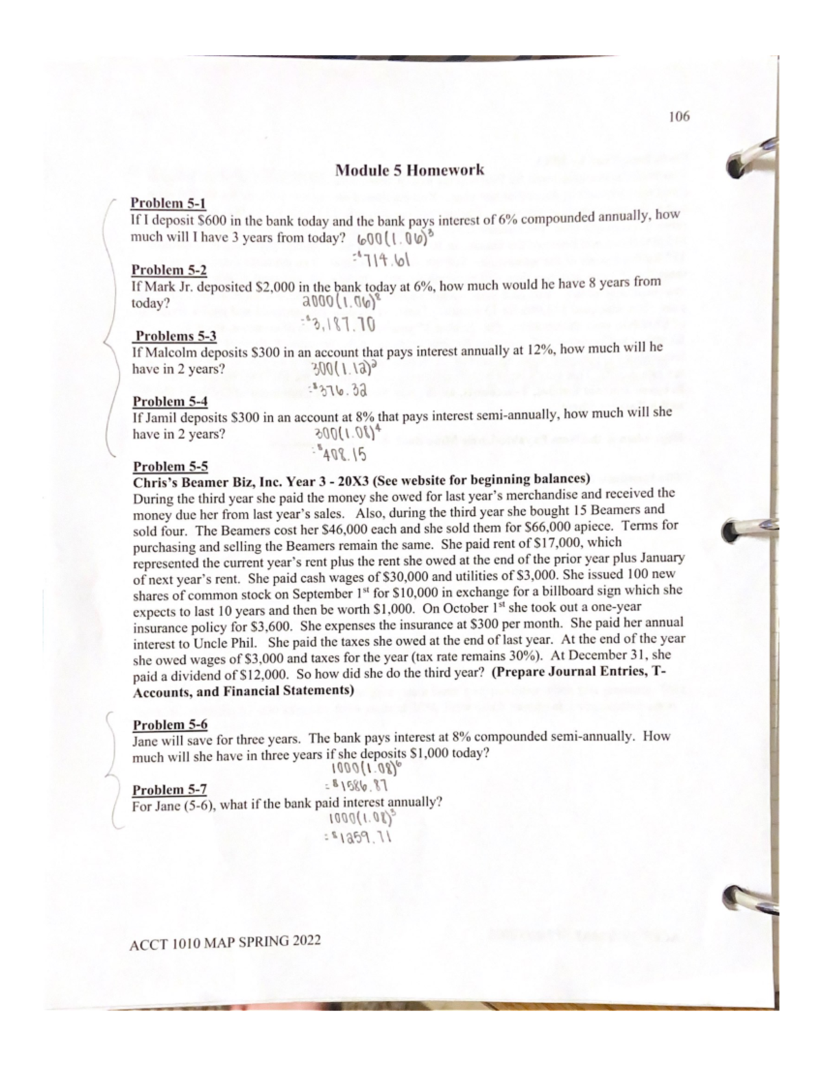 Module 5 Homework Accounting 1010 106 Module 5 Homework Problem If I