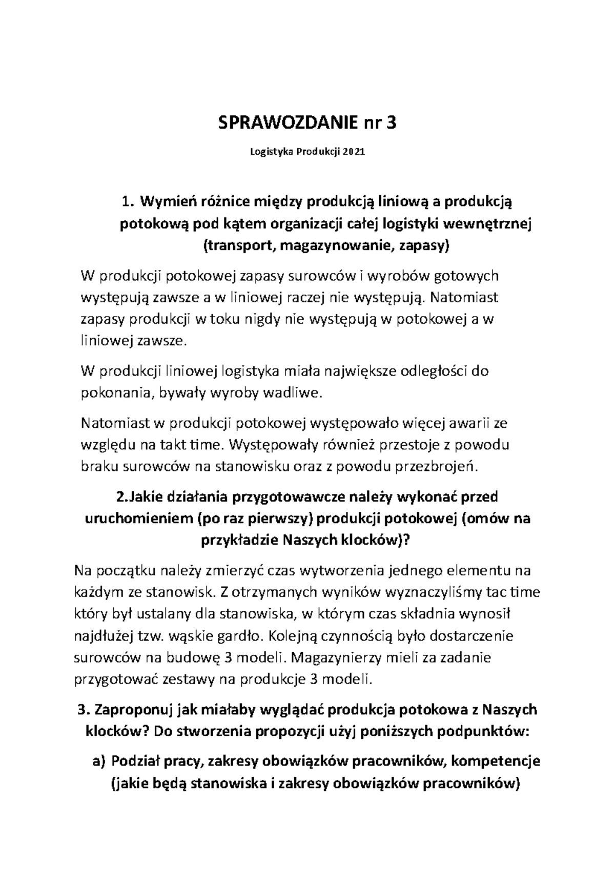 Projekt 2. Produkcja potokowa. Logistyka produkcji - SPRAWOZDANIE nr 3 ...