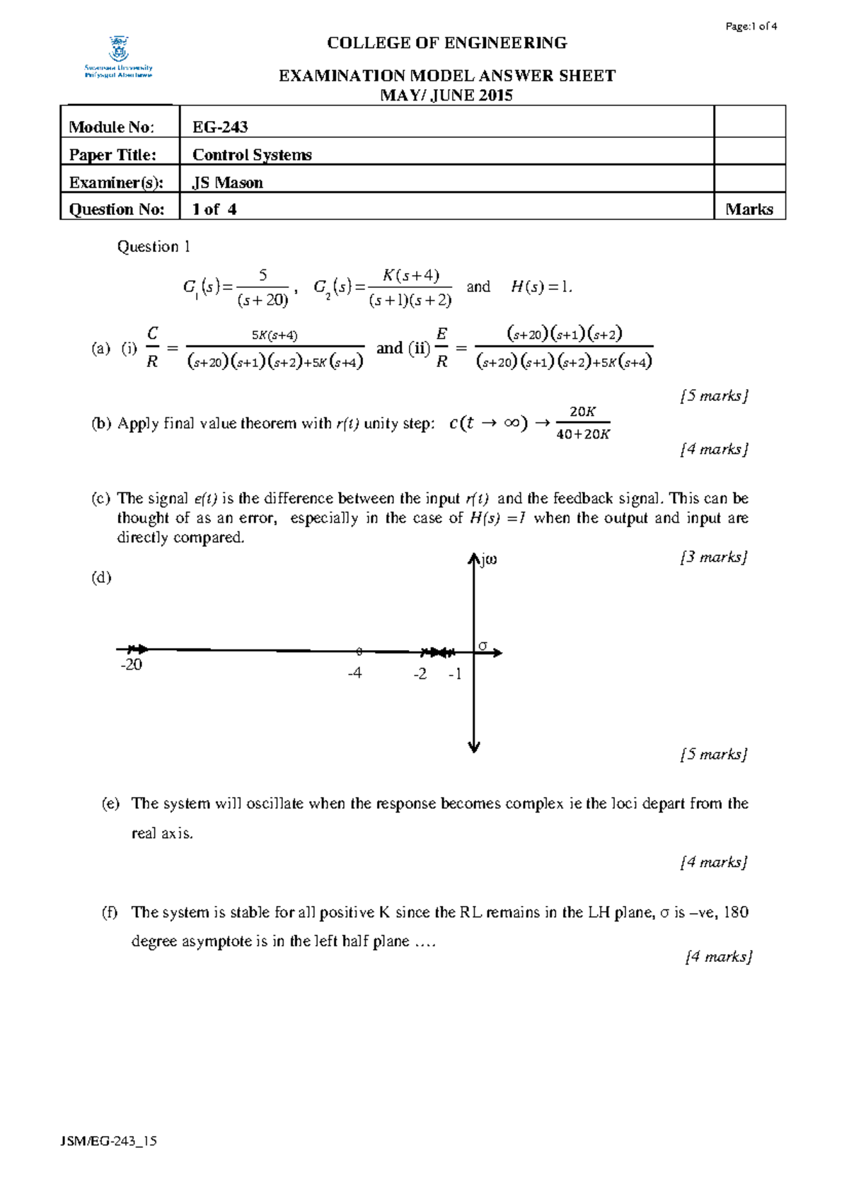 Exam 2015, answers - Warning: TT: undefined function: 22 COLLEGE OF ENGINEERING EXAMINATION ...