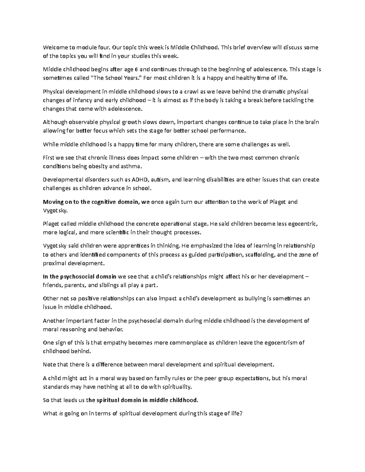 Mod 4 Middle Childhood Transcript - Welcome to module four. Our topic ...