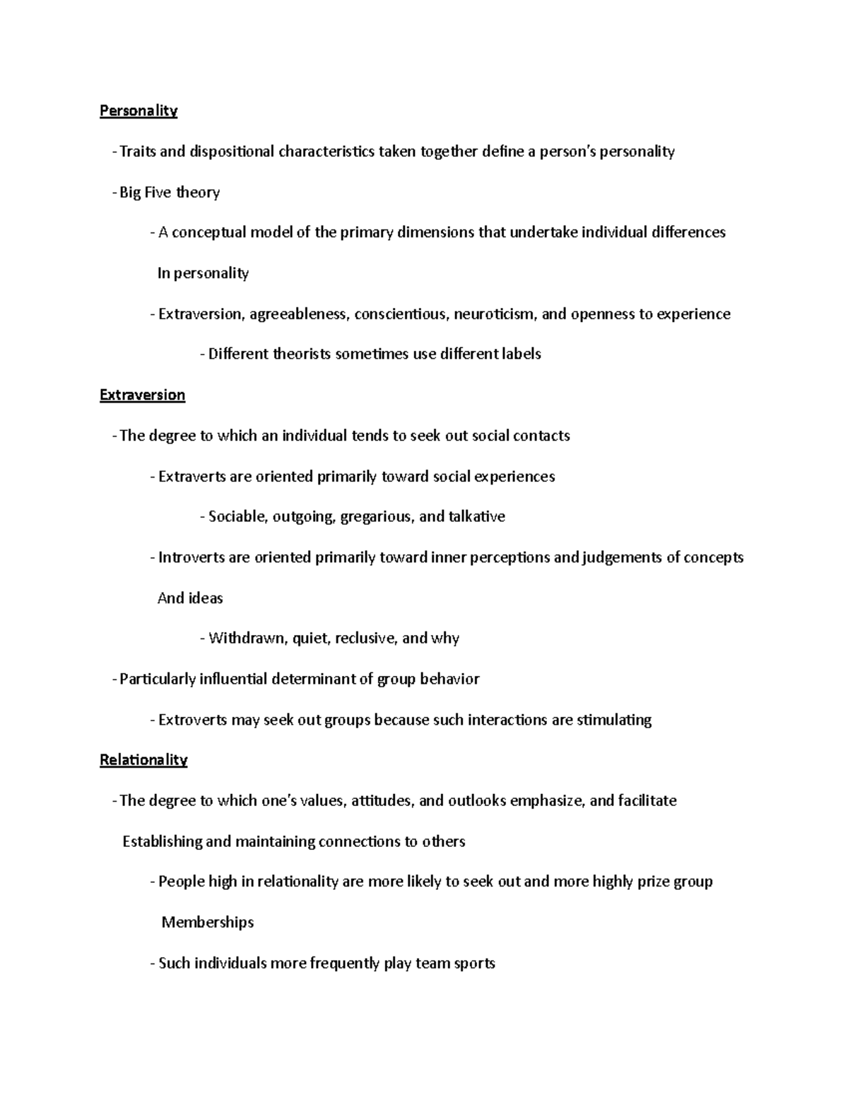 Group Dynamics 4 - Lecture Notes - Personality - Traits and ...