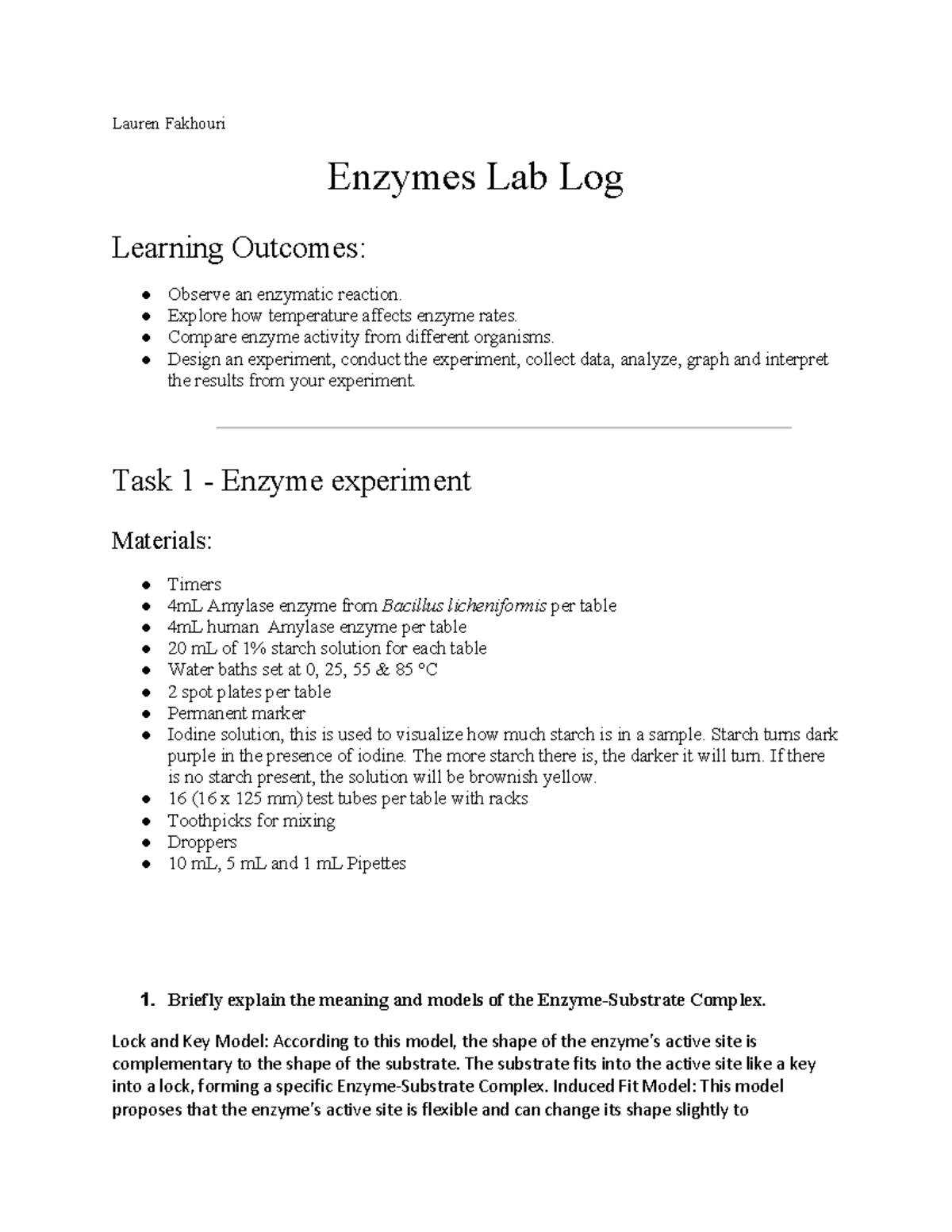 Enzymes Lab Log 5 - Lab log 2 - Lauren Fakhouri Enzymes Lab Log ...