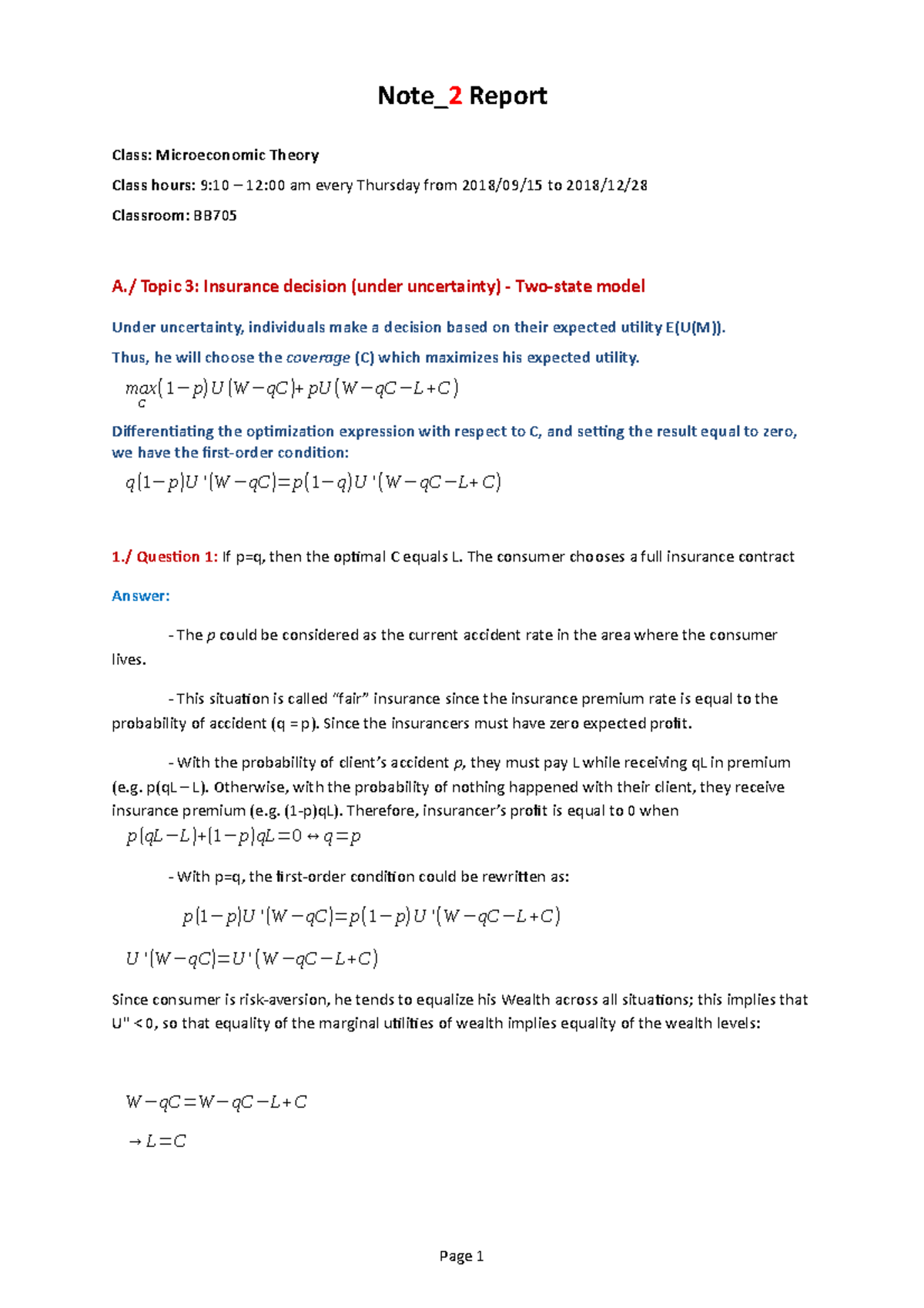 Fall2018 Note 2 - Lecture notes 2 - Note_2 Report Class: Microeconomic ...